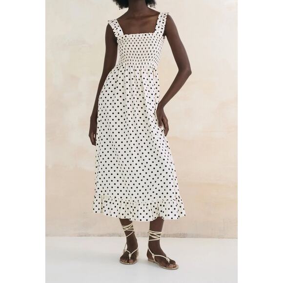 Zara | Dresses | Zara Smocked Square Neck Ruffle Hem Polka Dot Midi ...